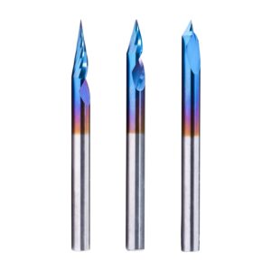 3pcs 20/30/60 deg 0.1mm 2-flute spiral engraving v-bit set for wood carving milling, 1/8” shank cnc router bits, nano blue coating carving bit for wood mdf lettering sign making