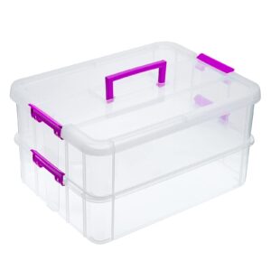 juxyes 2-tiers stack carry storage box with handle, transparent stackable storage bin with handle lid latching storage container for school & office supplies