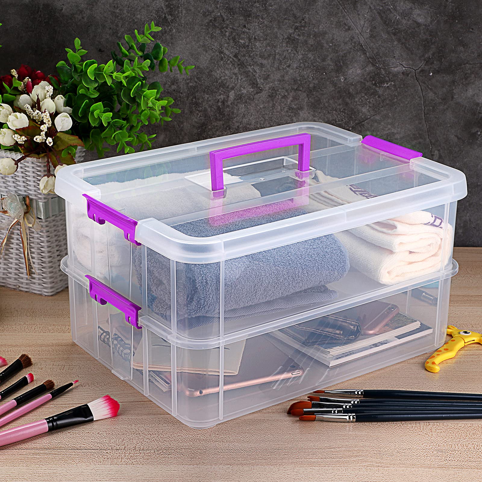 JUXYES 2-Tiers Stack Carry Storage Box With Handle, Transparent Stackable Storage Bin With Handle Lid Latching Storage Container for School & Office Supplies