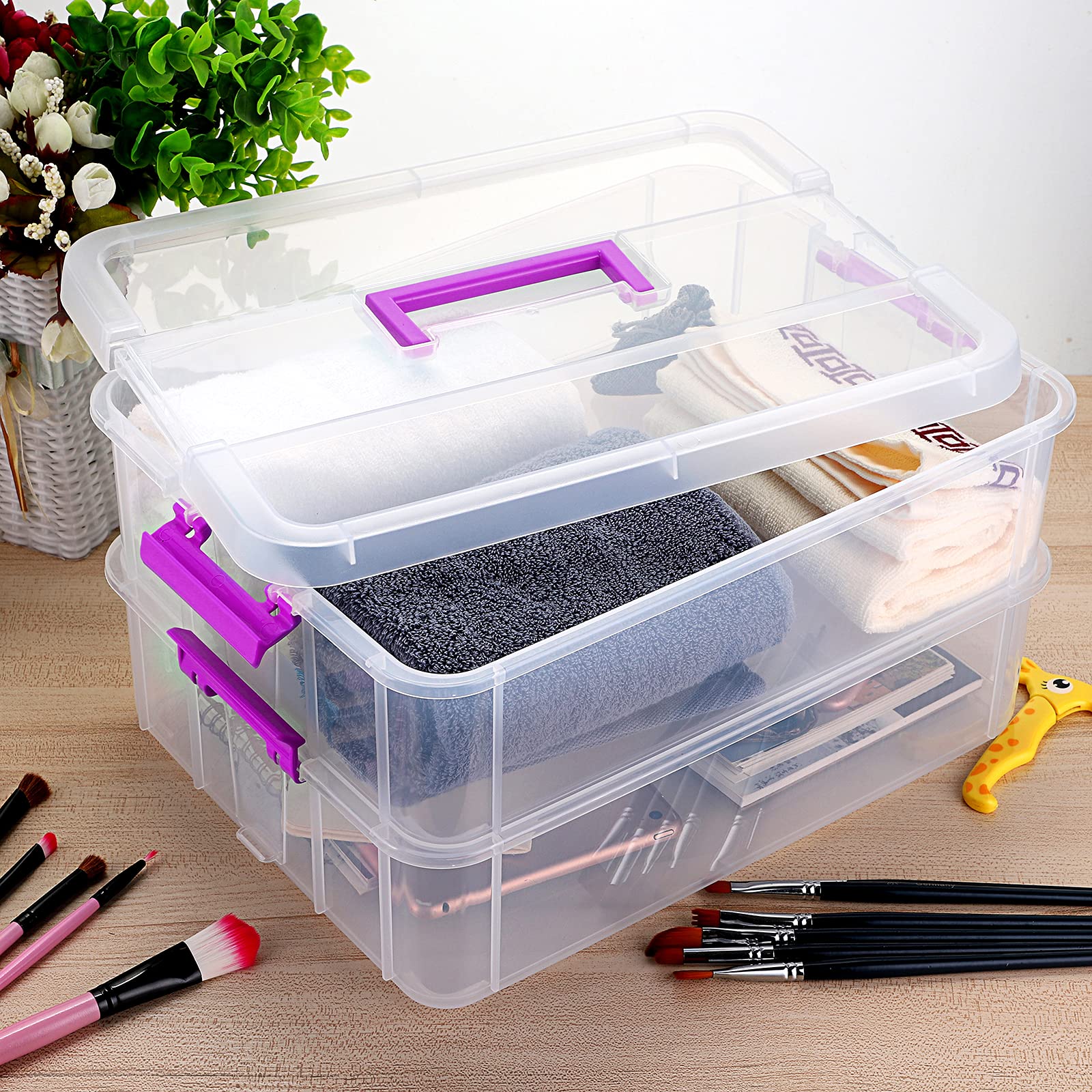 JUXYES 2-Tiers Stack Carry Storage Box With Handle, Transparent Stackable Storage Bin With Handle Lid Latching Storage Container for School & Office Supplies