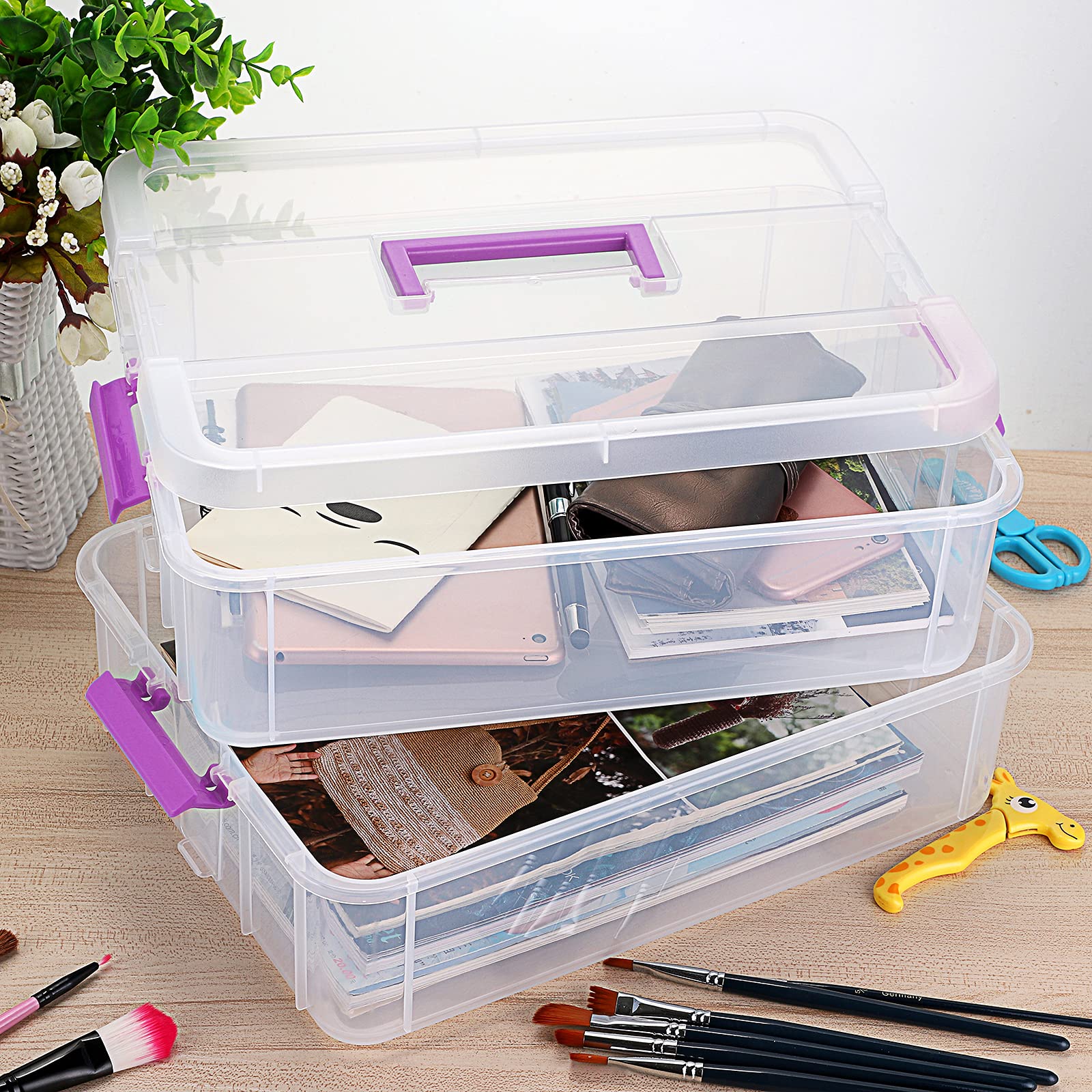 JUXYES 2-Tiers Stack Carry Storage Box With Handle, Transparent Stackable Storage Bin With Handle Lid Latching Storage Container for School & Office Supplies