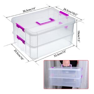 JUXYES 2-Tiers Stack Carry Storage Box With Handle, Transparent Stackable Storage Bin With Handle Lid Latching Storage Container for School & Office Supplies