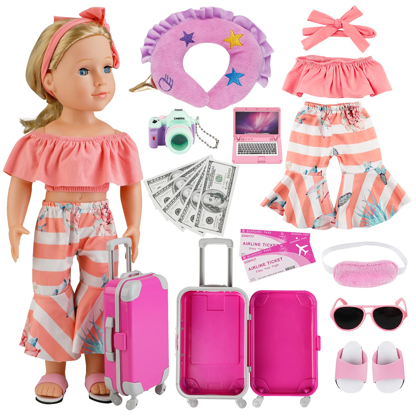 COSYOO 17 PCS Doll Travel Set Suitcase American Doll Accessories for Girl 18 Inch Including Suitcase Luggage A Set of Clothes Slippers Sunglasses Camera Laptop Unicorn Pillow Blindfold