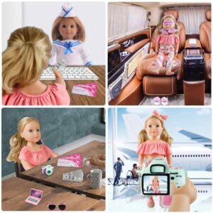 COSYOO 17 PCS Doll Travel Set Suitcase American Doll Accessories for Girl 18 Inch Including Suitcase Luggage A Set of Clothes Slippers Sunglasses Camera Laptop Unicorn Pillow Blindfold