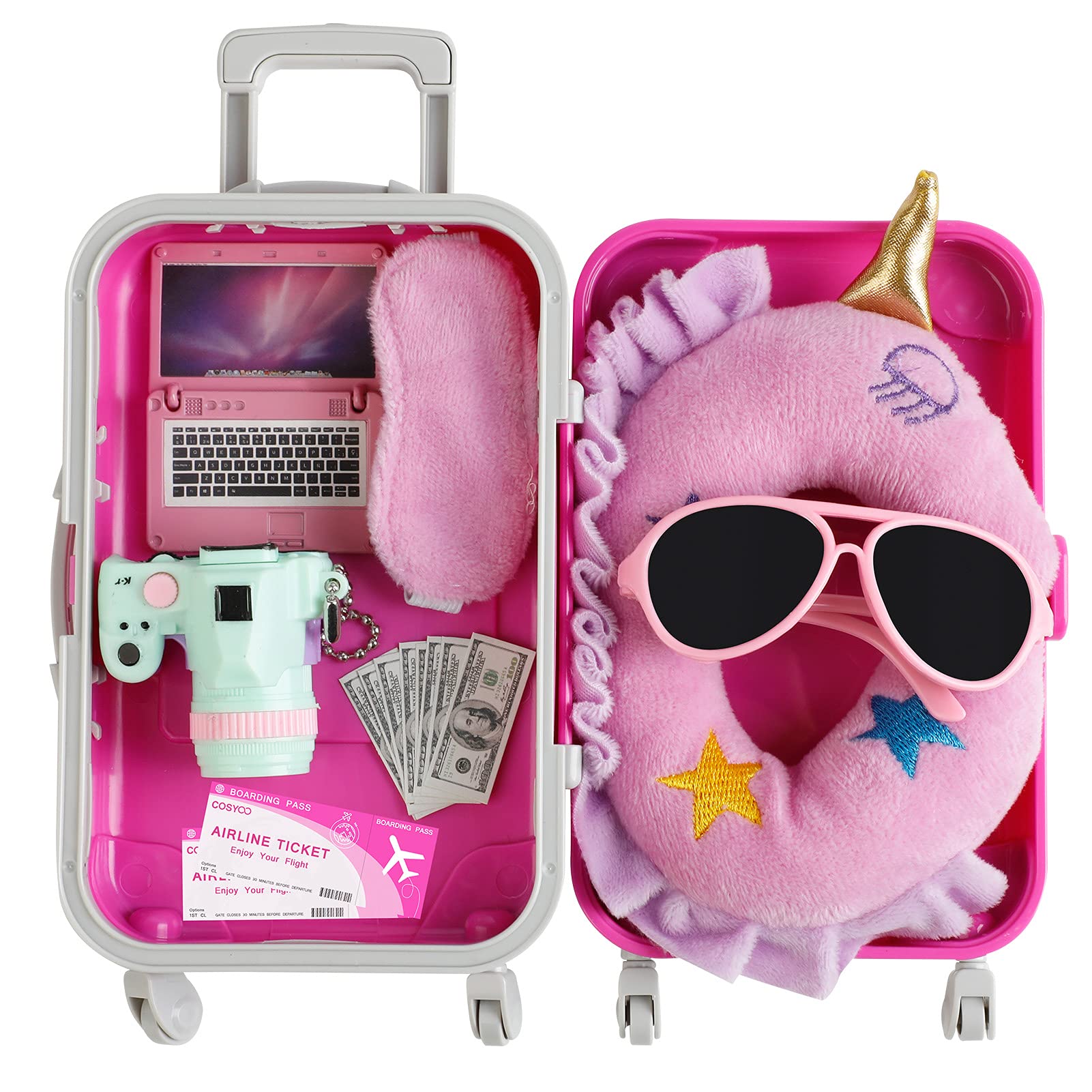 COSYOO 17 PCS Doll Travel Set Suitcase American Doll Accessories for Girl 18 Inch Including Suitcase Luggage A Set of Clothes Slippers Sunglasses Camera Laptop Unicorn Pillow Blindfold