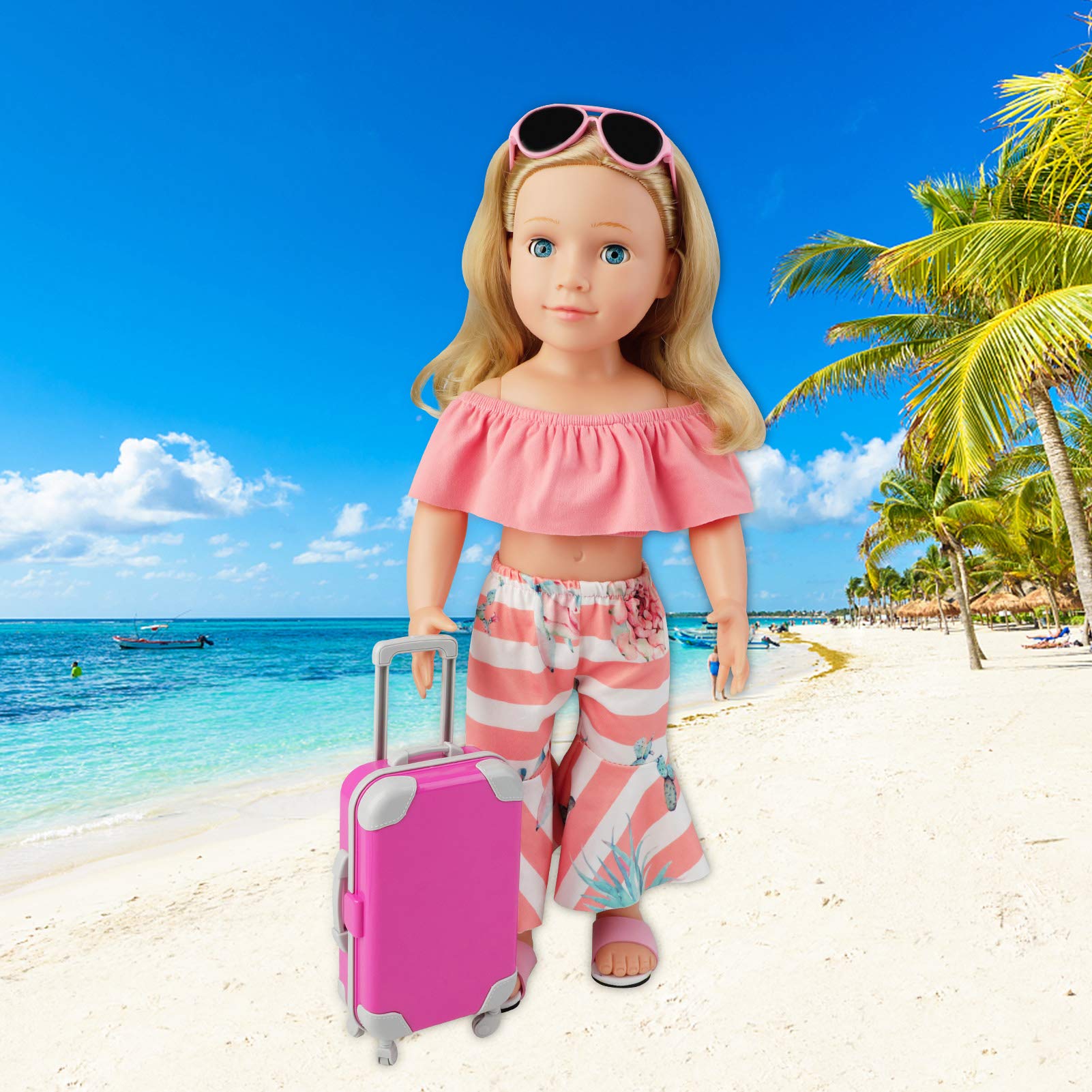 COSYOO 17 PCS Doll Travel Set Suitcase American Doll Accessories for Girl 18 Inch Including Suitcase Luggage A Set of Clothes Slippers Sunglasses Camera Laptop Unicorn Pillow Blindfold