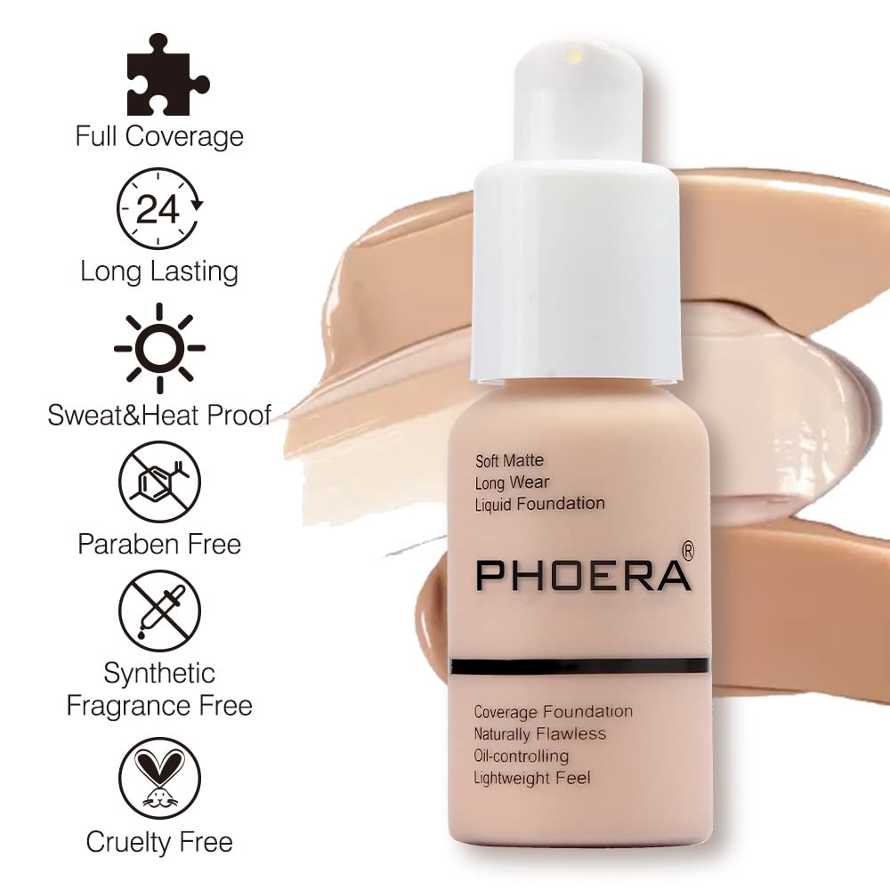 Phoera Soft Matte Full Coverage Foundation and Concealer, Poreless, Waterproof, Blendable Long Lasting 24HR Foundation 30ml with 6ml Makeup Lasting Facial Moisturizing Face Primer (102 Nude)