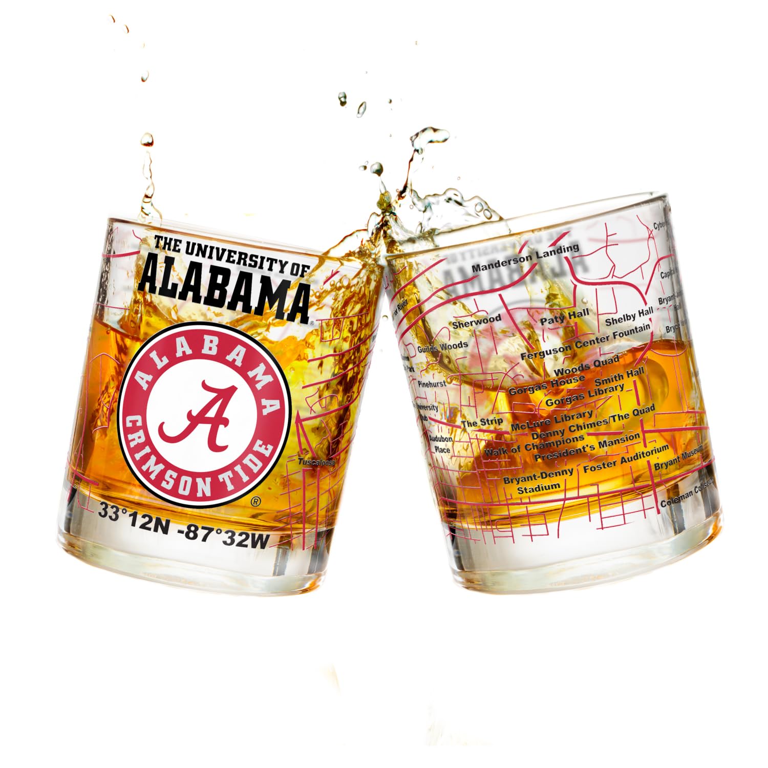 The University Of Alabama Whiskey Glass Set (2 Low Ball Glasses) - Contains Full Color Alabama Logo & Campus Map - Alabama Gift Idea for College Grads & Alumni - College Cocktail Glassware