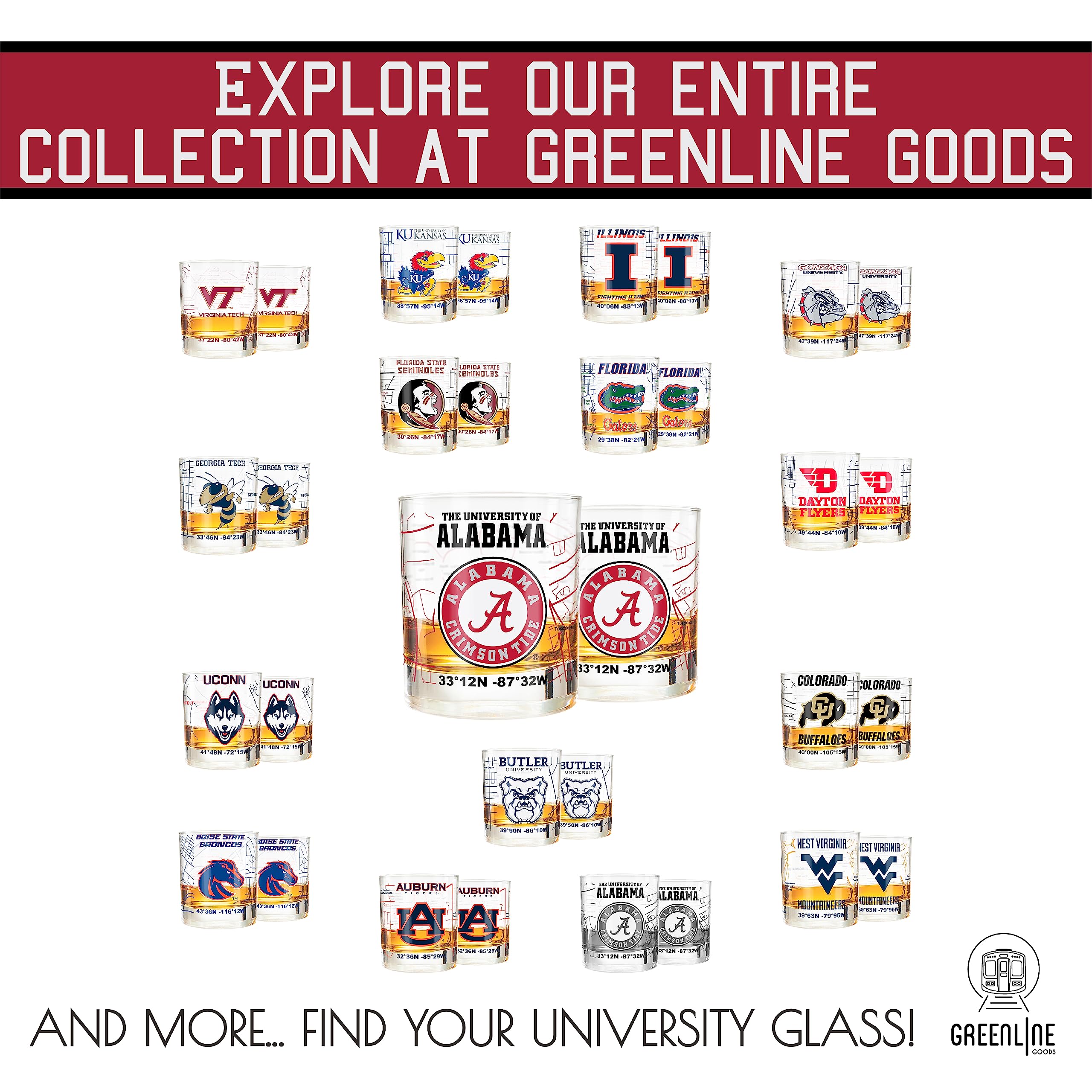 The University Of Alabama Whiskey Glass Set (2 Low Ball Glasses) - Contains Full Color Alabama Logo & Campus Map - Alabama Gift Idea for College Grads & Alumni - College Cocktail Glassware