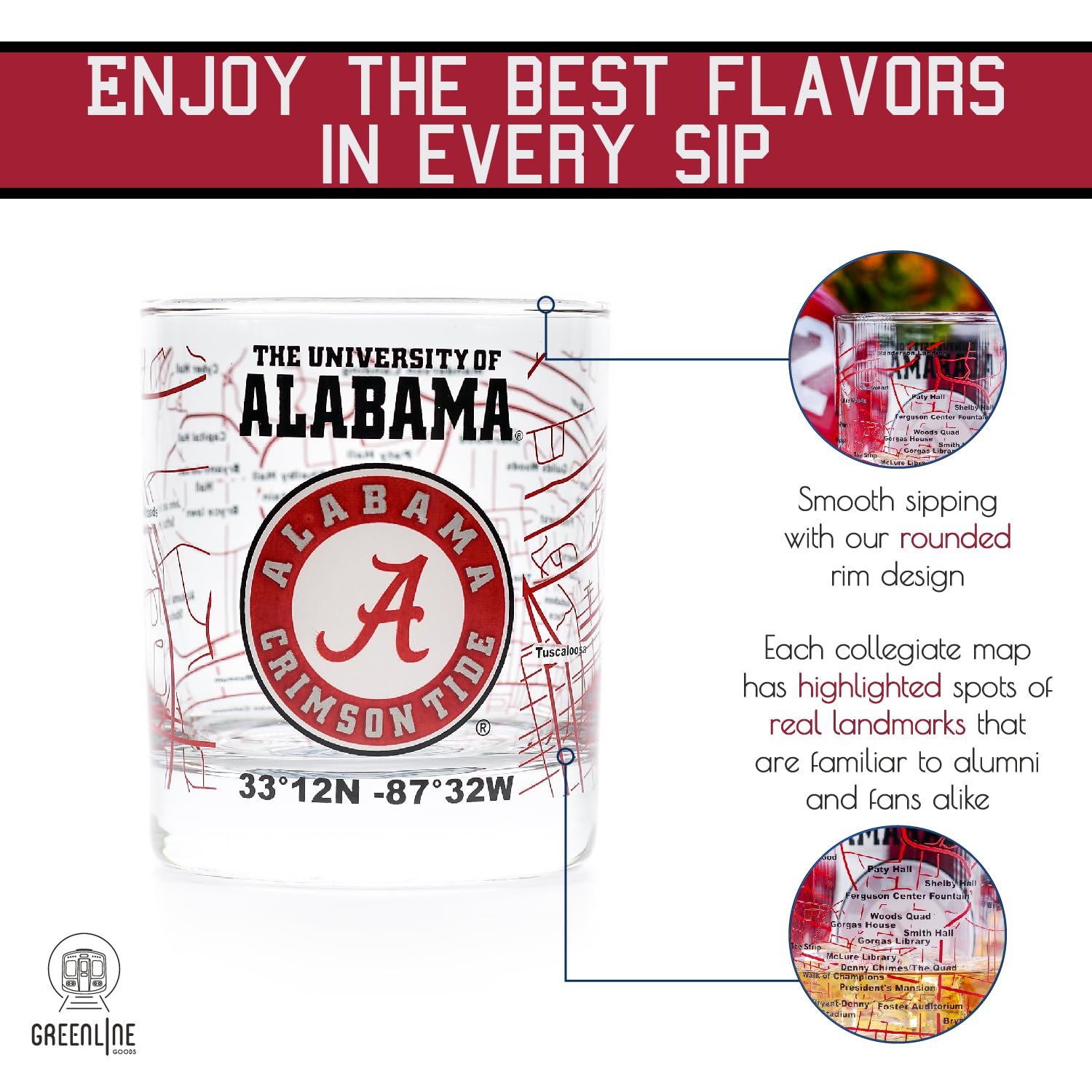 The University Of Alabama Whiskey Glass Set (2 Low Ball Glasses) - Contains Full Color Alabama Logo & Campus Map - Alabama Gift Idea for College Grads & Alumni - College Cocktail Glassware