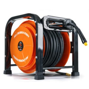 superhandy retractable air hose reel 3/8" x 100 ft - 300 psi, heavy duty steel, quad pod, corrosion resistant, commercial flex hybrid polymer, industrial grade, portable