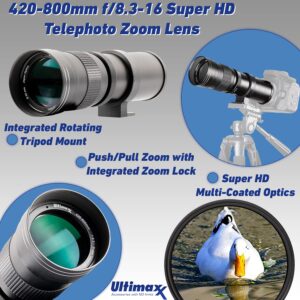 Ultimaxx 420-800mm (w/Converter 840-1600mm) f/8.3-16 Manual Telephoto Zoom T-Mount Lens Kit for Canon EOS Rebel T3, T3i, T4i, T5, T5i, T6, T7 T6i, T6s, T7i, T8i, SL1, SL2, EOS 60D, 70D, 77D, 80D, 90D