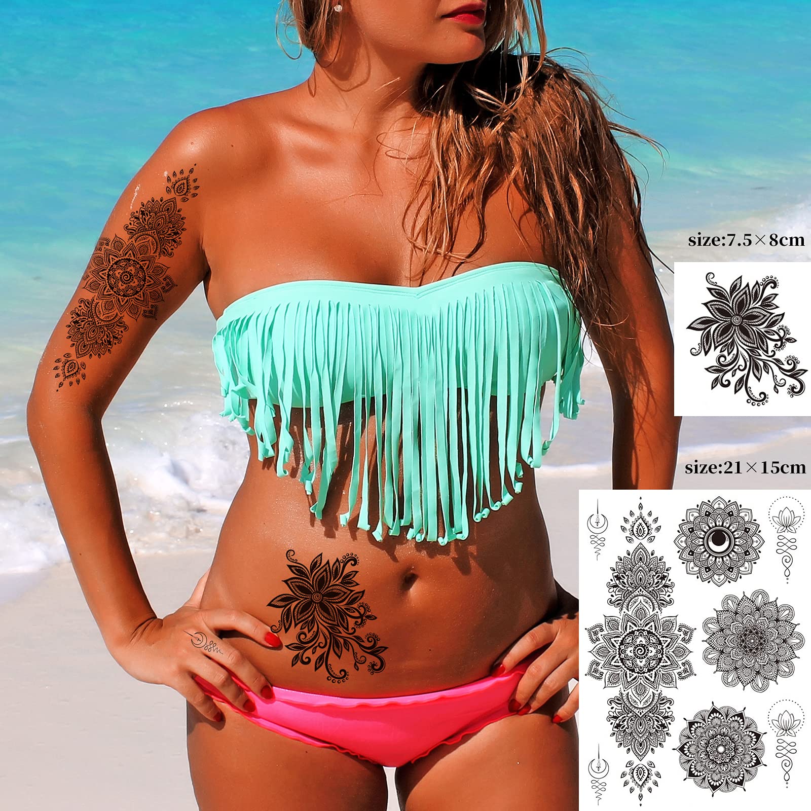 Zetong 32 Sheets Black Henna Temporary Tattoos for Adults Women Girls, Feather Mandala Flower Body Art Large Big Arm Tattoos Sheet Lace Mehndi Mandala Tattoo 32 Count Pack of 1