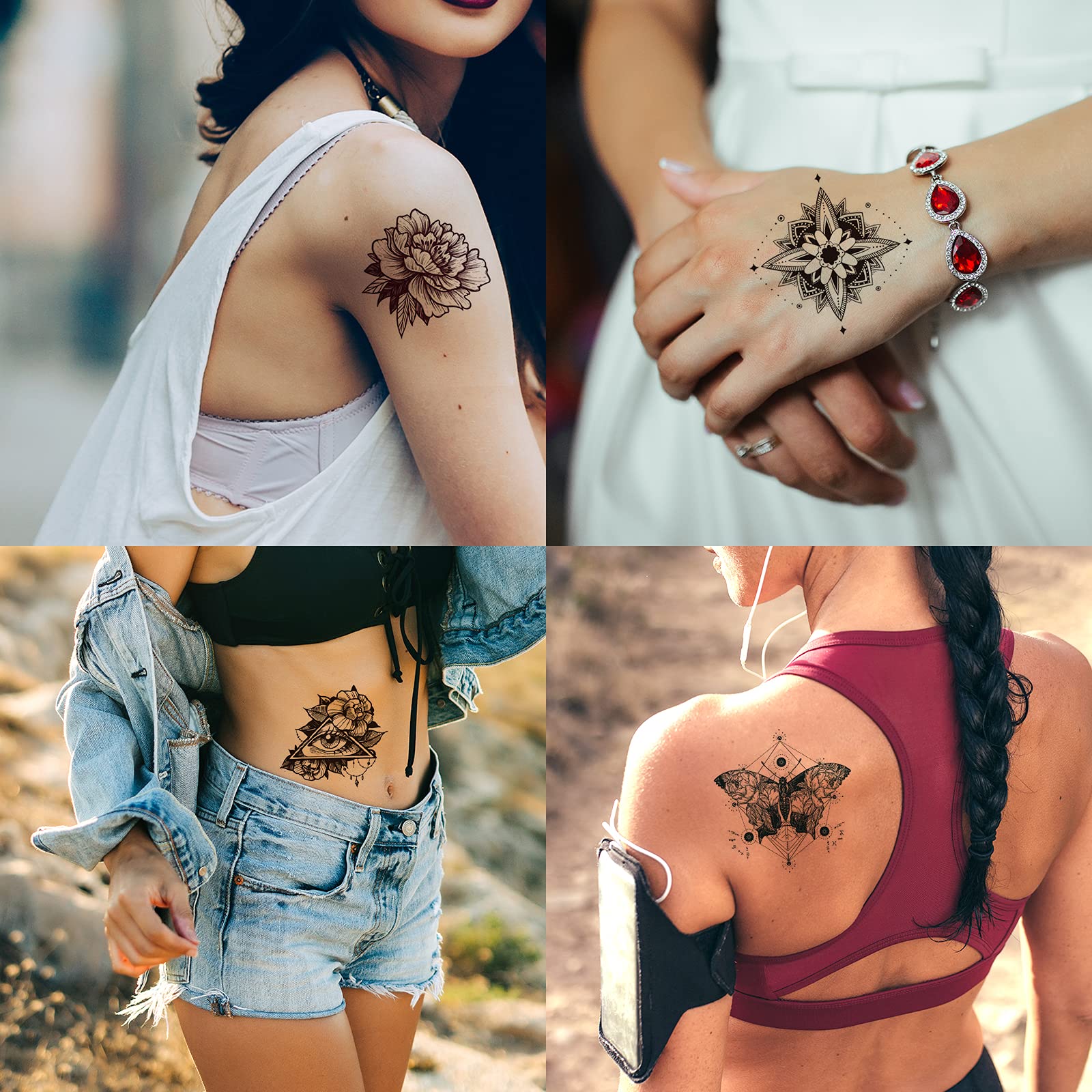 Zetong 32 Sheets Black Henna Temporary Tattoos for Adults Women Girls, Feather Mandala Flower Body Art Large Big Arm Tattoos Sheet Lace Mehndi Mandala Tattoo 32 Count Pack of 1