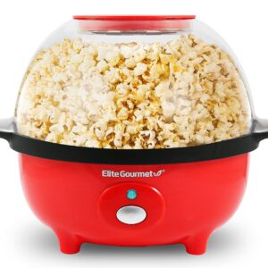 Elite Gourmet EPM330R Automatic Stirring 3Qt. Popcorn Maker Popper, Hot Oil Popcorn Machine with Measuring Cap & Built-in Reversible Serving Bowl, Great for Home Party Kids, Safety ETL Approved, Red