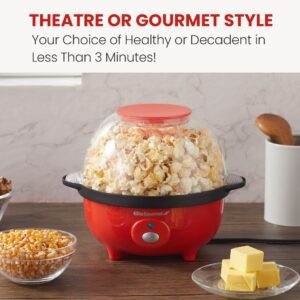 Elite Gourmet EPM330R Automatic Stirring 3Qt. Popcorn Maker Popper, Hot Oil Popcorn Machine with Measuring Cap & Built-in Reversible Serving Bowl, Great for Home Party Kids, Safety ETL Approved, Red