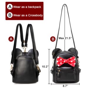 Sunwel Fashion Girls Mini Backpack Purse Mouse Ear Polka-dot Sequin Bow Convertible Backpack to Crossbody Bag for Women (black polkadot bow, W8.7 x H10)