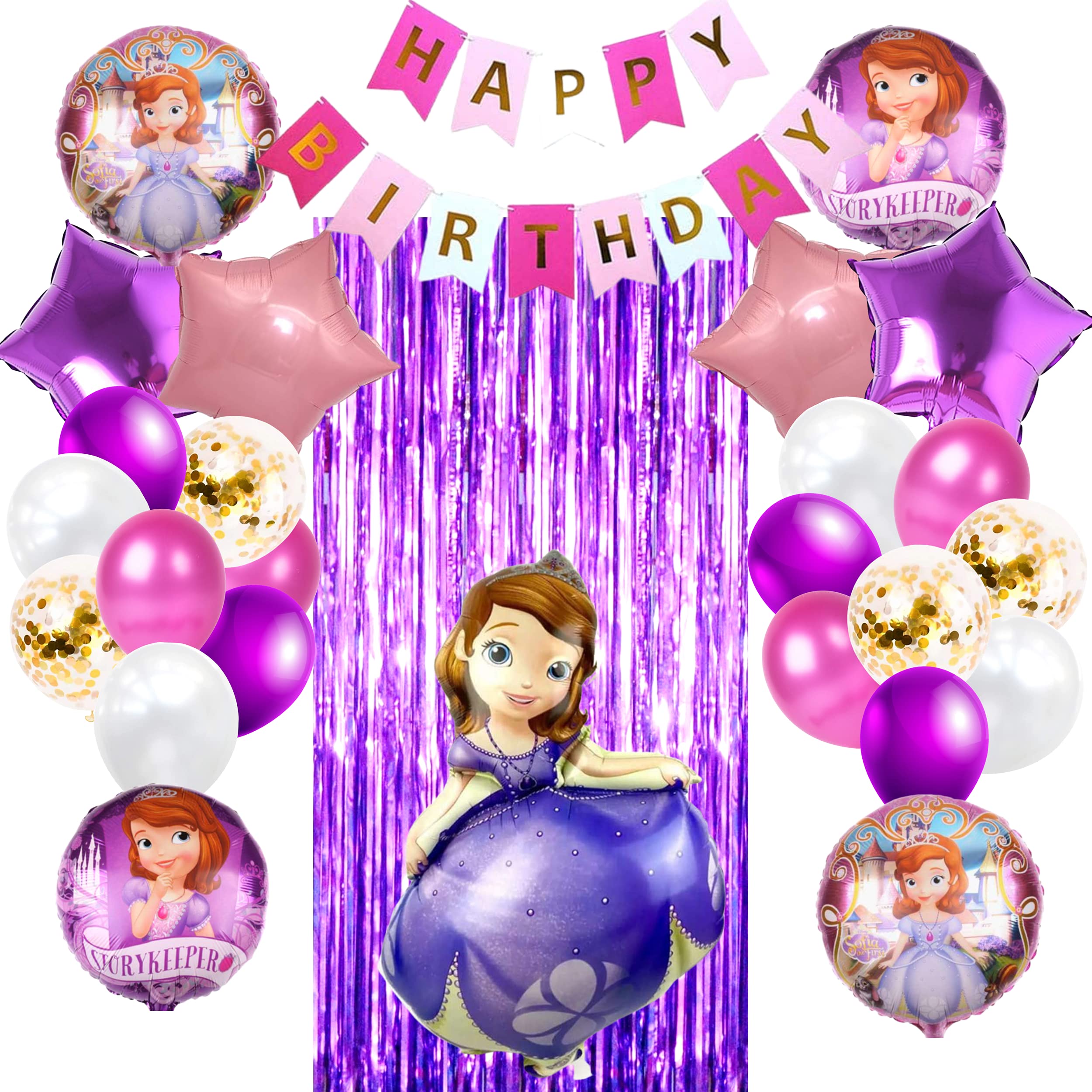 Sofia The First Theme Party Supplies Set Balloons | Includes Purple Party Curtain, Birthday Banner and Lovable Balloons| Princess Complete Birthday Party Decorations Supply Pack for Sofia the First