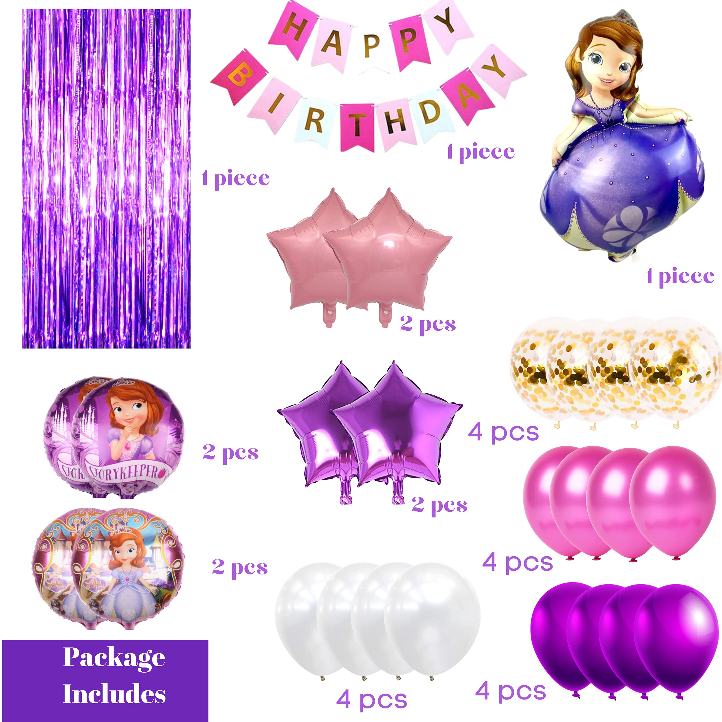 Sofia The First Theme Party Supplies Set Balloons | Includes Purple Party Curtain, Birthday Banner and Lovable Balloons| Princess Complete Birthday Party Decorations Supply Pack for Sofia the First