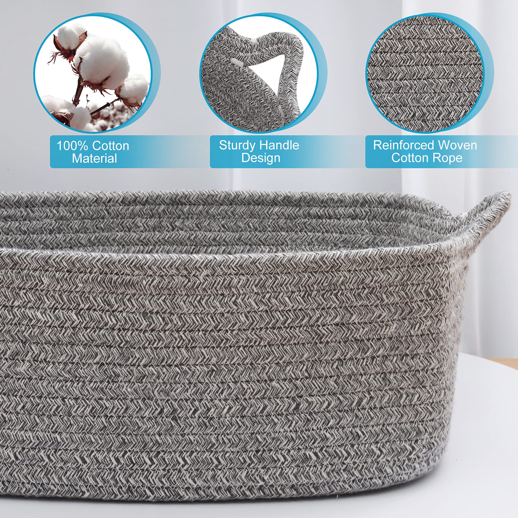 ABenkle Rope Storage Basket, 14.2''x 11''x 5.1'' Cotton Woven Dog Cat Toy Bins, Cube Soft Baskets with Handles, Decorative Shelves Closet Organizing for Nursery Laundry Bedroom Bathroom - Grey