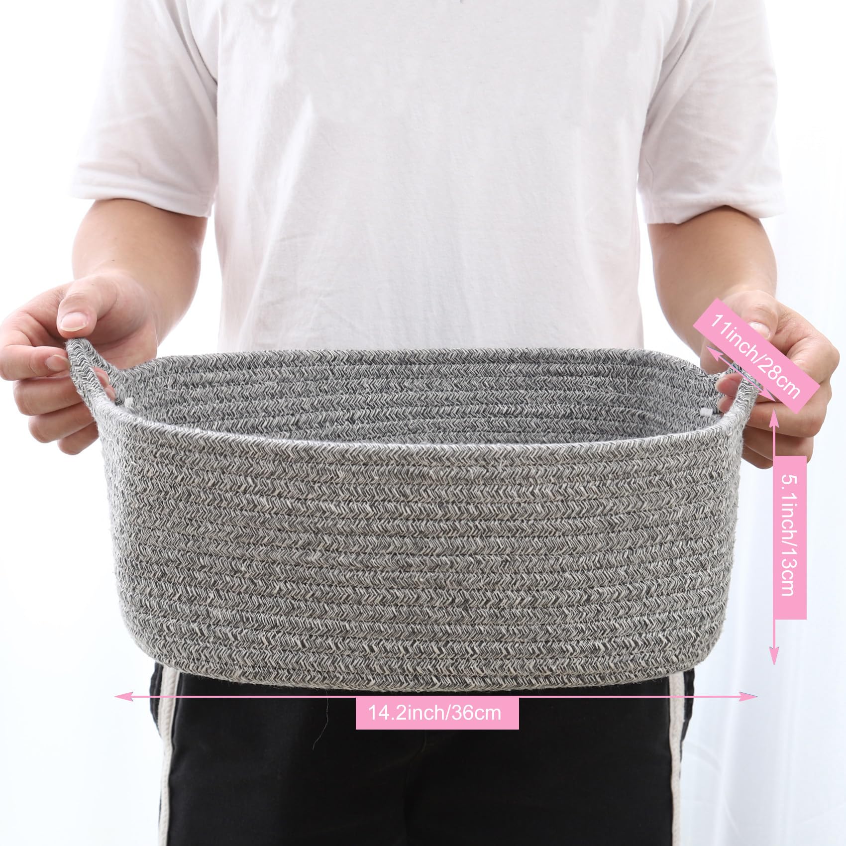 ABenkle Rope Storage Basket, 14.2''x 11''x 5.1'' Cotton Woven Dog Cat Toy Bins, Cube Soft Baskets with Handles, Decorative Shelves Closet Organizing for Nursery Laundry Bedroom Bathroom - Grey