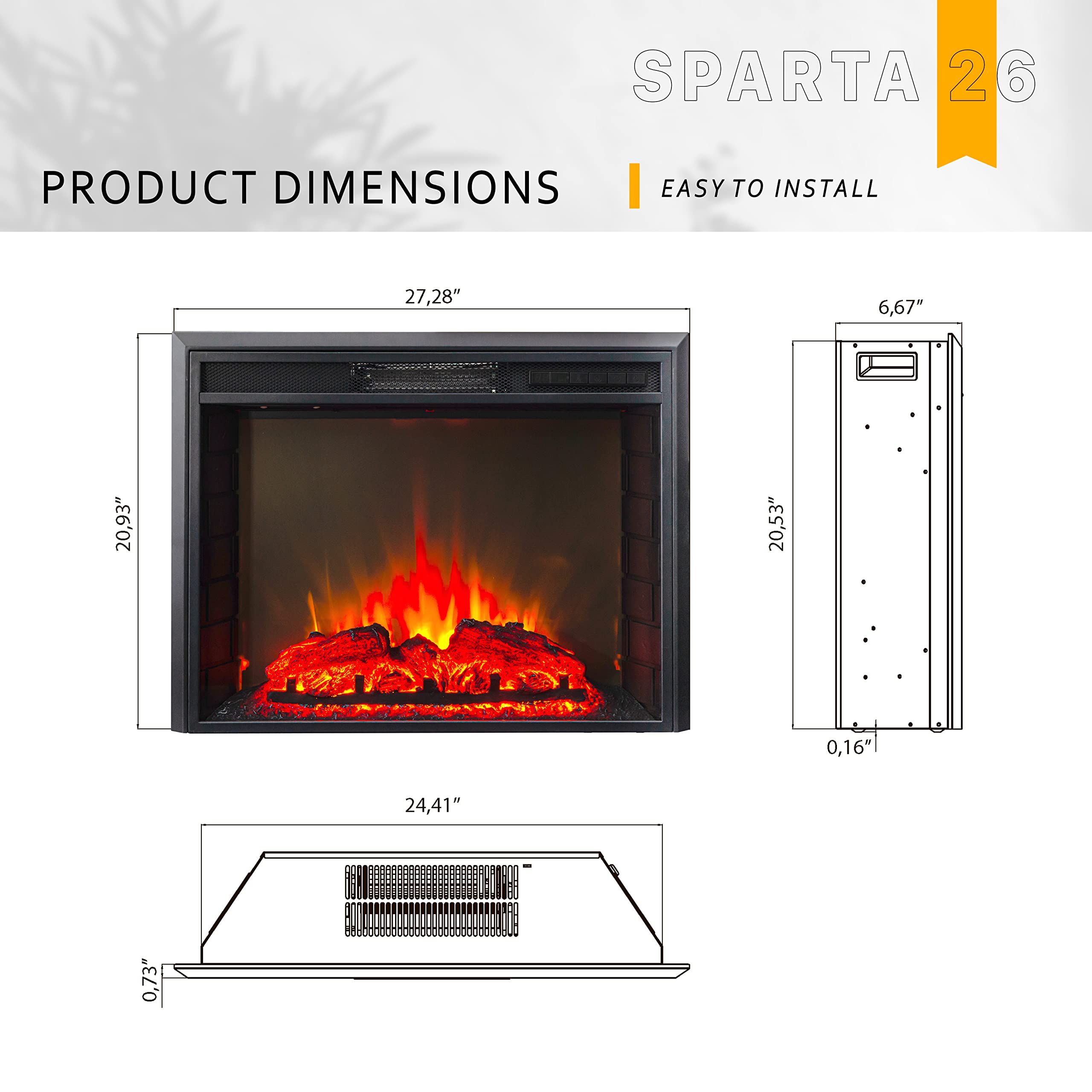 FIREBLAZE Electric Fireplace Sparta 26 inch - Flat Front Glass LED Fireplace Insert with Remote Control - Adjustable Heating, Sound, Brightness, Timer - 2-Way Recessed Installation - Heats 400 sq ft