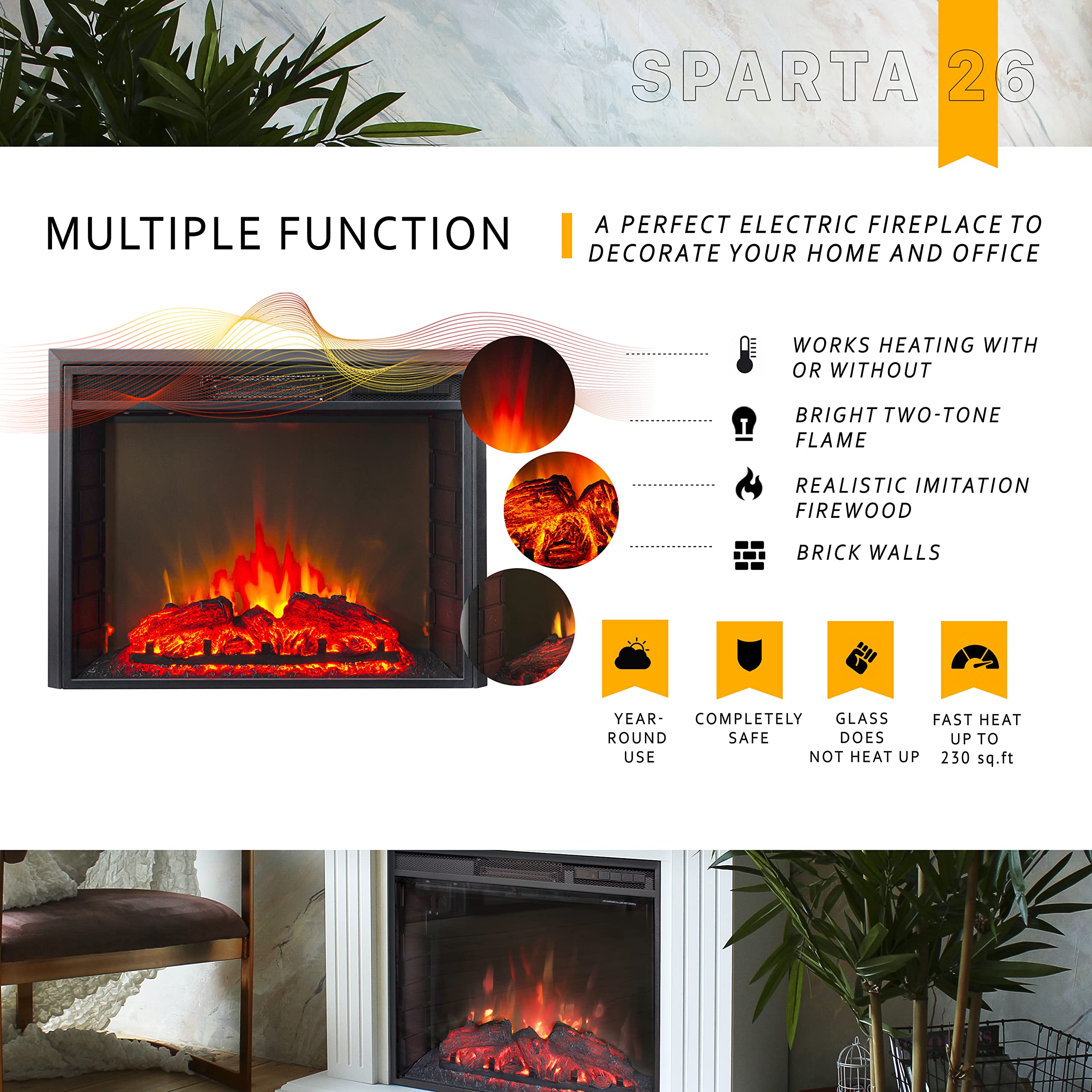 FIREBLAZE Electric Fireplace Sparta 26 inch - Flat Front Glass LED Fireplace Insert with Remote Control - Adjustable Heating, Sound, Brightness, Timer - 2-Way Recessed Installation - Heats 400 sq ft