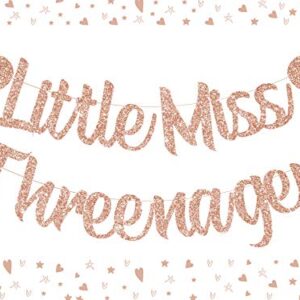 JOYMEMO Rose Gold Glitter Little Miss Threenager Banner Garland for Baby Girls Third Birthday Decorations 3 Year Old 3rd Birthday Party Supplies