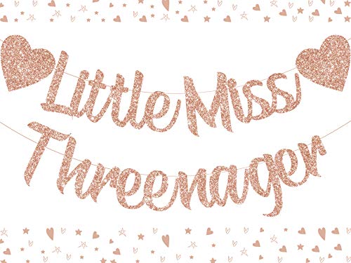 JOYMEMO Rose Gold Glitter Little Miss Threenager Banner Garland for Baby Girls Third Birthday Decorations 3 Year Old 3rd Birthday Party Supplies