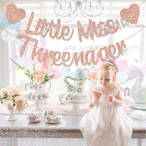 JOYMEMO Rose Gold Glitter Little Miss Threenager Banner Garland for Baby Girls Third Birthday Decorations 3 Year Old 3rd Birthday Party Supplies