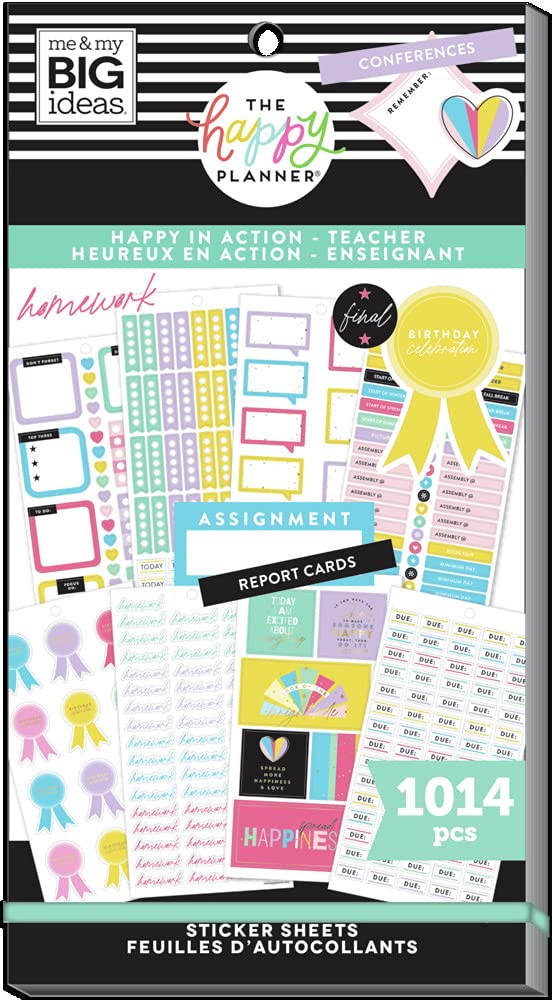 The Happy Planner Sticker Value Pack - Planner & School Accessories - Happy in Action Teacher Theme - Multi-Color - Great for Planning & Assignments - 30 Sheets, 1014 Stickers