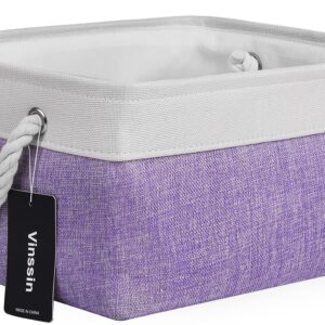 Vinssin Large Storage Basket ,Foldable Purple Basket with Handles, Gift Basket Empty,Canvas Fabric Storage Bin for Organizing,Cupboards, Shelves, Clothes, Toys, Towel, (Purple+White,1 Pack)