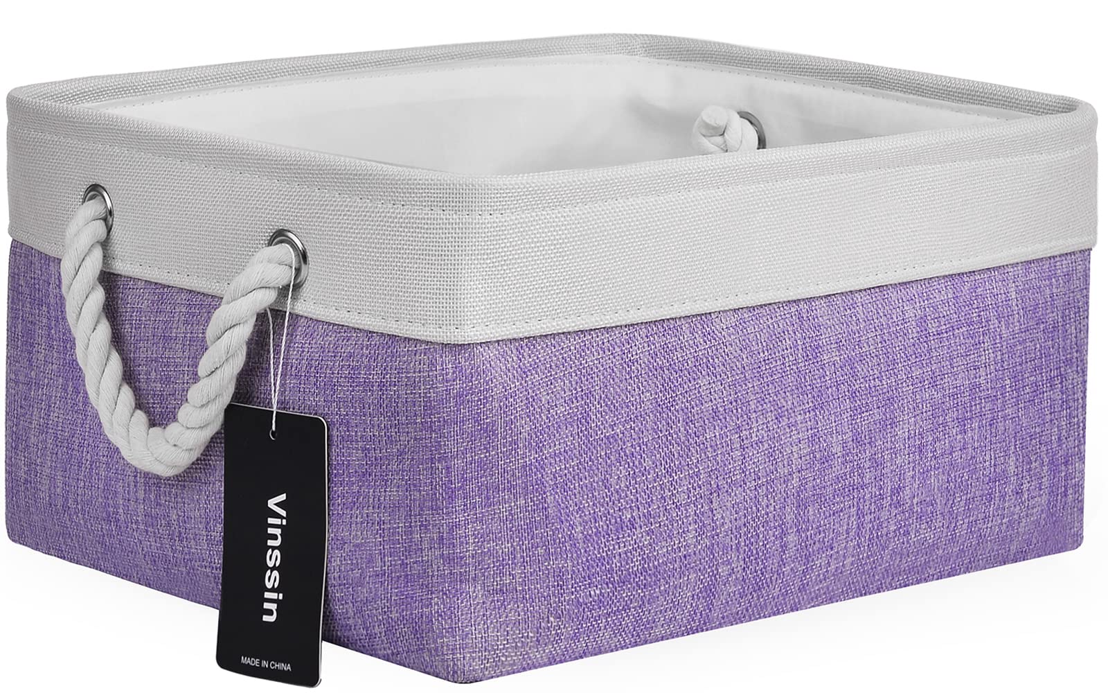 Vinssin Large Storage Basket ,Foldable Purple Basket with Handles, Gift Basket Empty,Canvas Fabric Storage Bin for Organizing,Cupboards, Shelves, Clothes, Toys, Towel, (Purple+White,1 Pack)