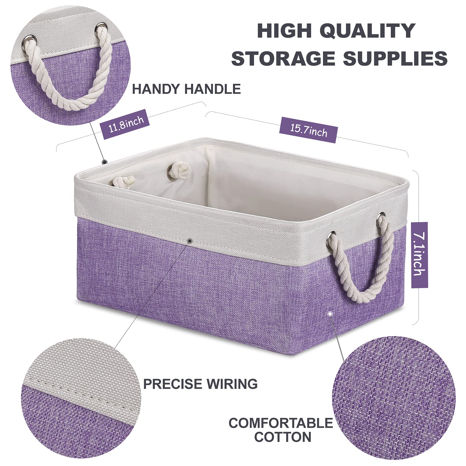 Vinssin Large Storage Basket ,Foldable Purple Basket with Handles, Gift Basket Empty,Canvas Fabric Storage Bin for Organizing,Cupboards, Shelves, Clothes, Toys, Towel, (Purple+White,1 Pack)