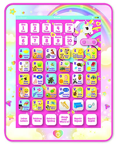 Lexibook Unicorn Educational Bilingual Interactive Learning Tablet, Toy to Learn Alphabet Letters Numbers Words Spelling and Music, English / Spanish Languages, Pink, JCPAD002UNIi2