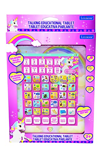 Lexibook Unicorn Educational Bilingual Interactive Learning Tablet, Toy to Learn Alphabet Letters Numbers Words Spelling and Music, English / Spanish Languages, Pink, JCPAD002UNIi2