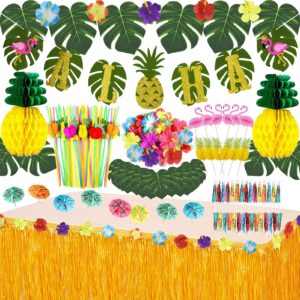 jophmo tropical luau party decoration pack hawaiian beach theme party favors luau party supplies (112 pcs) including banner, table skirt, straws, flamingo, pineapple décors.