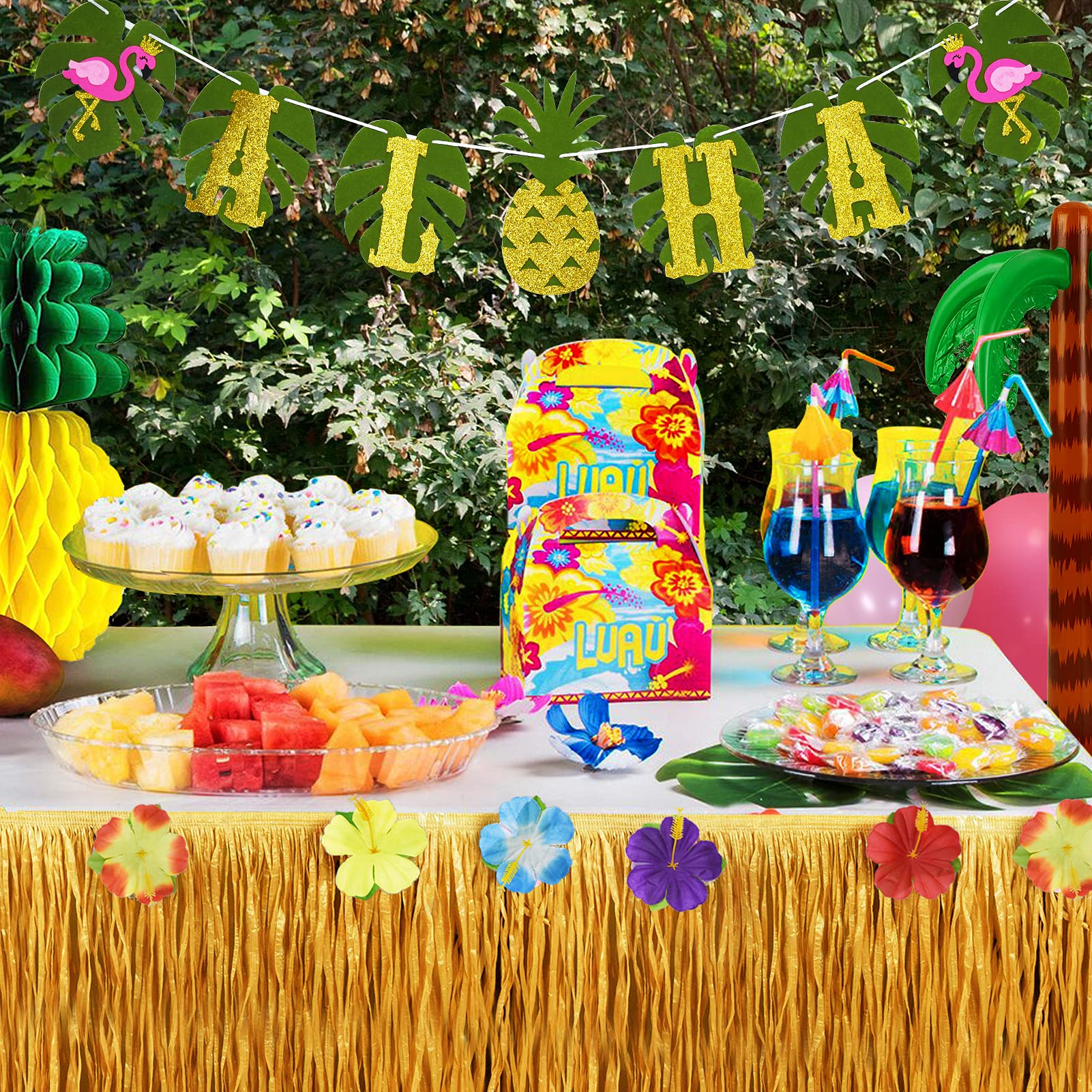 JOPHMO Tropical Luau Party Decoration Pack Hawaiian Beach Theme Party Favors Luau Party Supplies (112 PCS) including Banner, Table Skirt, Straws, Flamingo, Pineapple Décors.