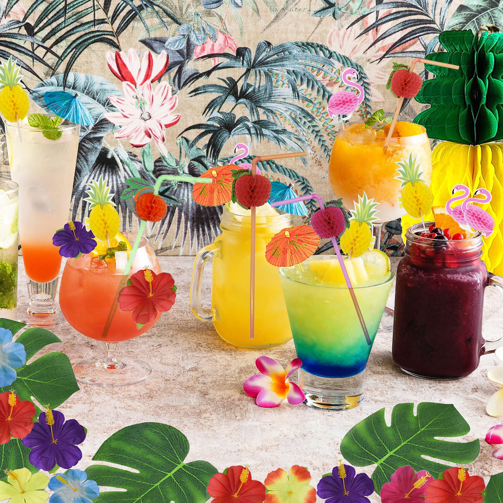 JOPHMO Tropical Luau Party Decoration Pack Hawaiian Beach Theme Party Favors Luau Party Supplies (112 PCS) including Banner, Table Skirt, Straws, Flamingo, Pineapple Décors.