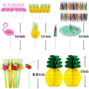 JOPHMO Tropical Luau Party Decoration Pack Hawaiian Beach Theme Party Favors Luau Party Supplies (112 PCS) including Banner, Table Skirt, Straws, Flamingo, Pineapple Décors.