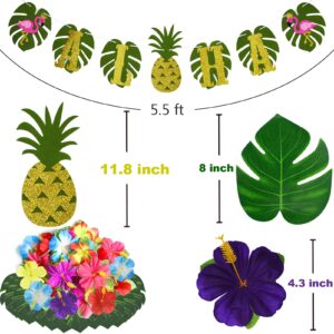 JOPHMO Tropical Luau Party Decoration Pack Hawaiian Beach Theme Party Favors Luau Party Supplies (112 PCS) including Banner, Table Skirt, Straws, Flamingo, Pineapple Décors.