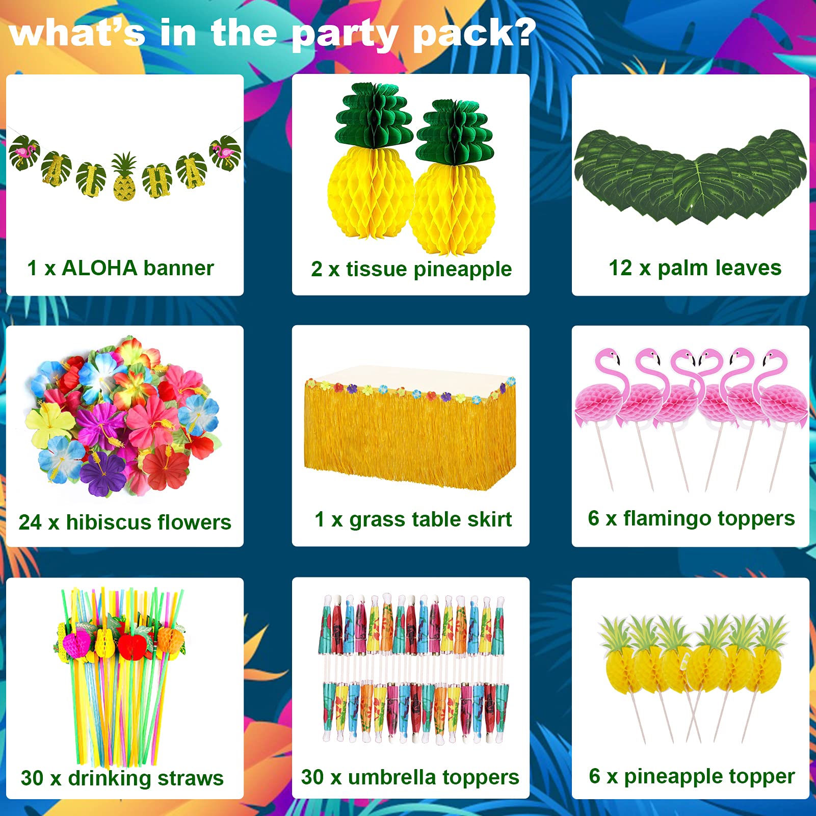 JOPHMO Tropical Luau Party Decoration Pack Hawaiian Beach Theme Party Favors Luau Party Supplies (112 PCS) including Banner, Table Skirt, Straws, Flamingo, Pineapple Décors.