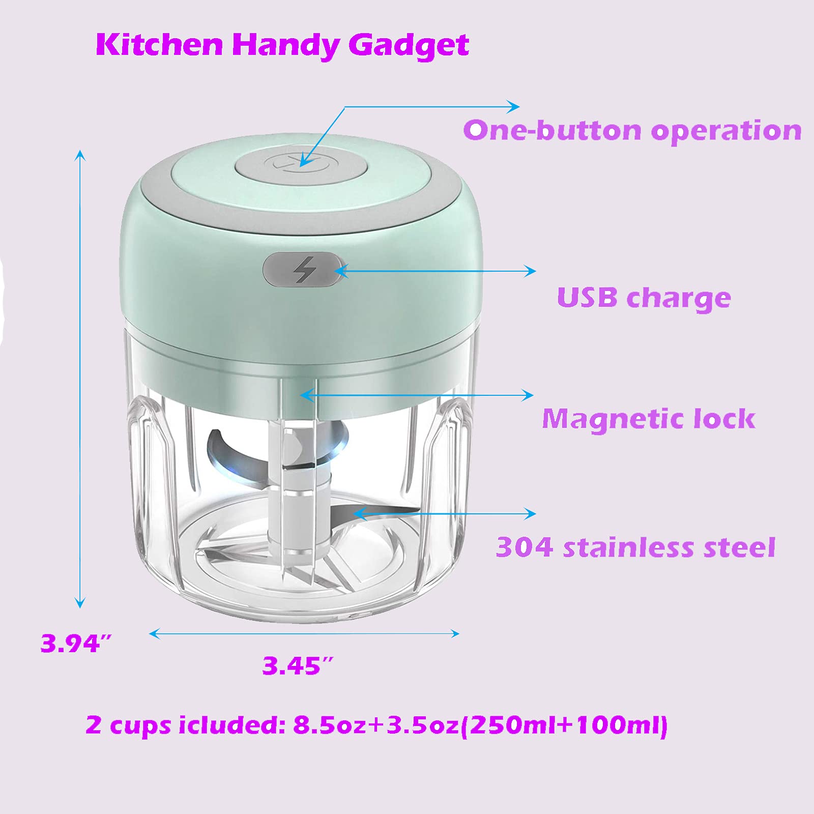 Electric Mini Food Chopper, Rechargable Small Food Processor for Garlic, Puree, Onion, Herb, Veggie, Ginger, Fruit Blender (250ml+100ml 2 cups, Green)