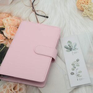 Twavang 15 PCS A6 Binder Pockets with PU Leather Notebook Binder Cover Refillable 6 Round Ring Binder Set for Personal Planner Organizer, Budget Binder, Savings Binder (Light Pink)