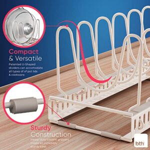 Anti-Scratch Adjustable Compartments by BTH Expandable Pot and Pan Organizer Rack for Cabinet – Heavy Duty Pot Lid Organizer for Kitchen Cabinet Under Sink Drawer Pantry (SMALL 5.5"W (WHITE SAND))