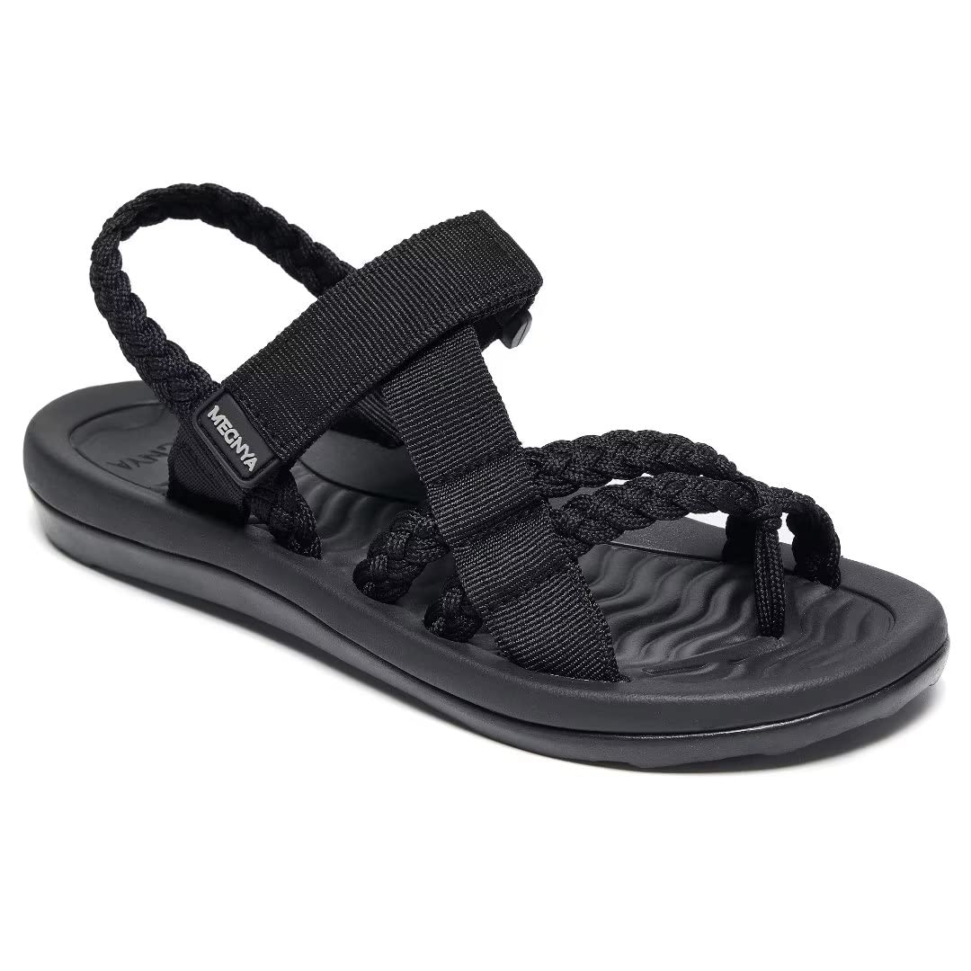 MEGNYA Comfortable Flip Flop Sandals for Ladies, Lightweight and Non Slip Rubber Hiking Sandals for Adventure, Arch Support Sandals with Hook and Loop Comfy Straps Black Size 10