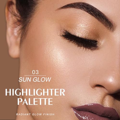 KYDA Face Highlighter Palette, High Glossy Face Illuminator Palette, Narutal Glow Finish, Pearl Shimmer Smooth Baked Powder, Lasting Sparkling Highlighter Makeup-SUN GLOW