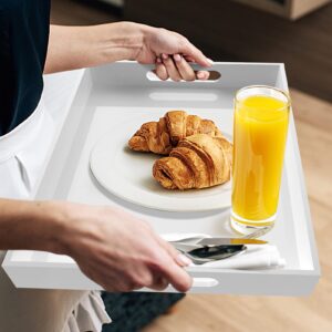 Cilinta Acrylic Serving Trays with Handles, 16"x 12" Rectangle Sturdy Breakfast Trays, White Decorative Trays Organiser for Bedroom, Kitchen, Living Room, Bathroom, Hospital and Outdoors