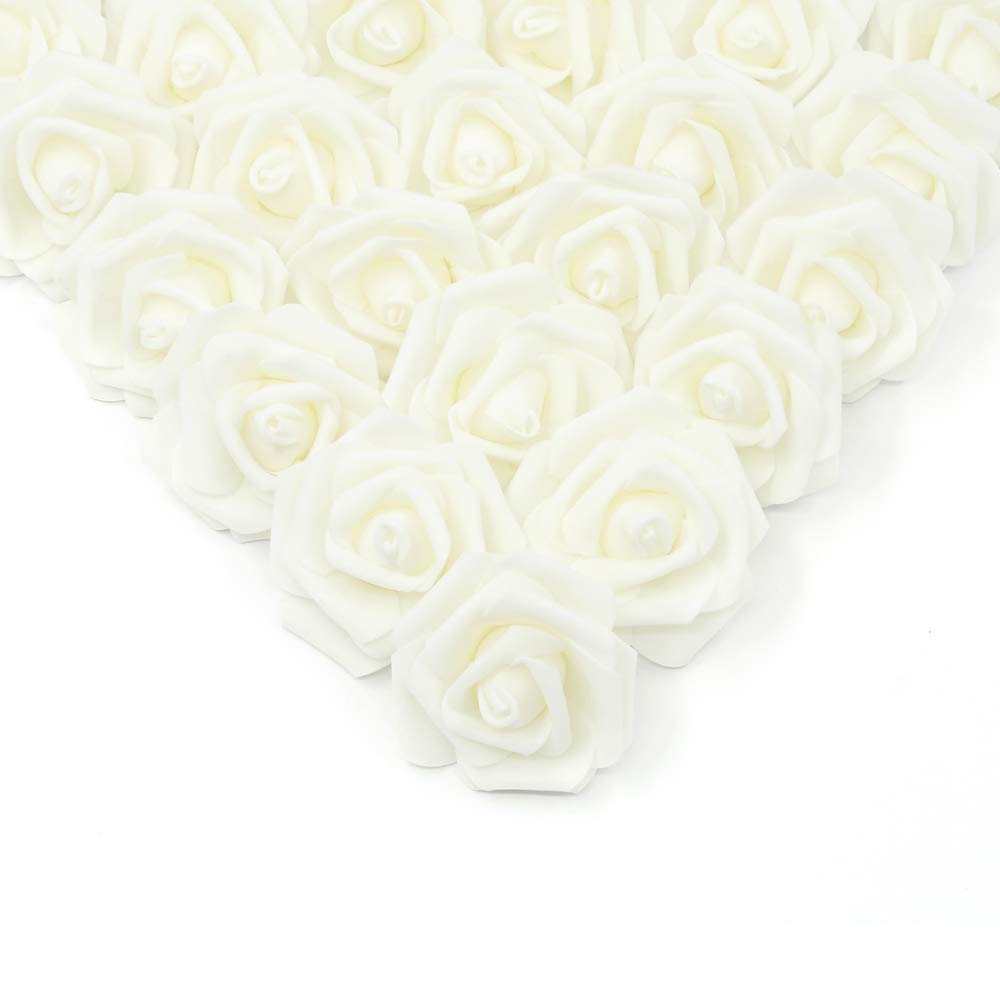 IPOPU Artificial Rose Flower Heads, 100 Pcs Real Looking Ivory White Foam Fake Roses for DIY Wedding Baby Shower Centerpieces Arrangements Party Tables Home Decorations (Ivory, Stemless)