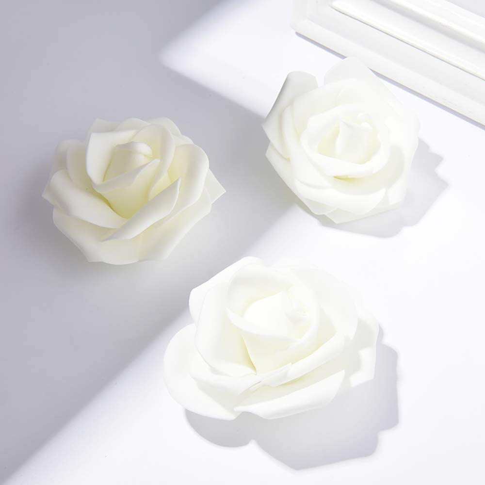 IPOPU Artificial Rose Flower Heads, 100 Pcs Real Looking Ivory White Foam Fake Roses for DIY Wedding Baby Shower Centerpieces Arrangements Party Tables Home Decorations (Ivory, Stemless)